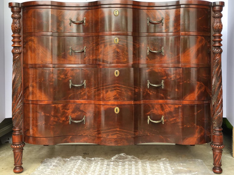 Foliate Carved Mahogany Wood Bowed Chest of Drawers For Sale at 1stDibs