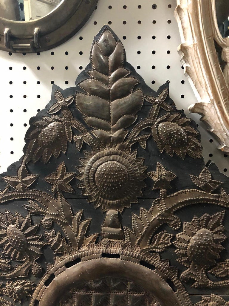 Mexican Stamped Metal and Ebonized Wood Pediment Top Wall Mirror For ...