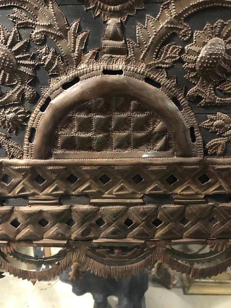 Mexican Stamped Metal and Ebonized Wood Pediment Top Wall Mirror For ...