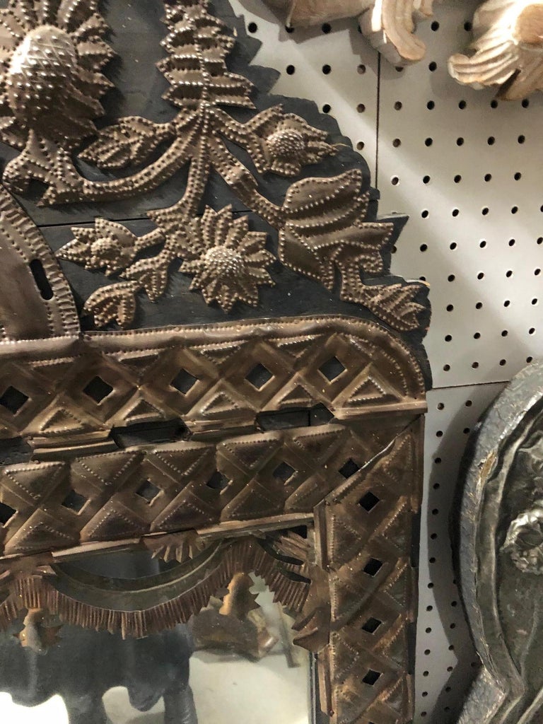 Mexican Stamped Metal and Ebonized Wood Pediment Top Wall Mirror For ...
