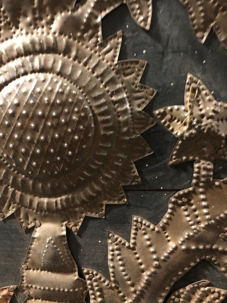 Mexican Stamped Metal and Ebonized Wood Pediment Top Wall Mirror For ...