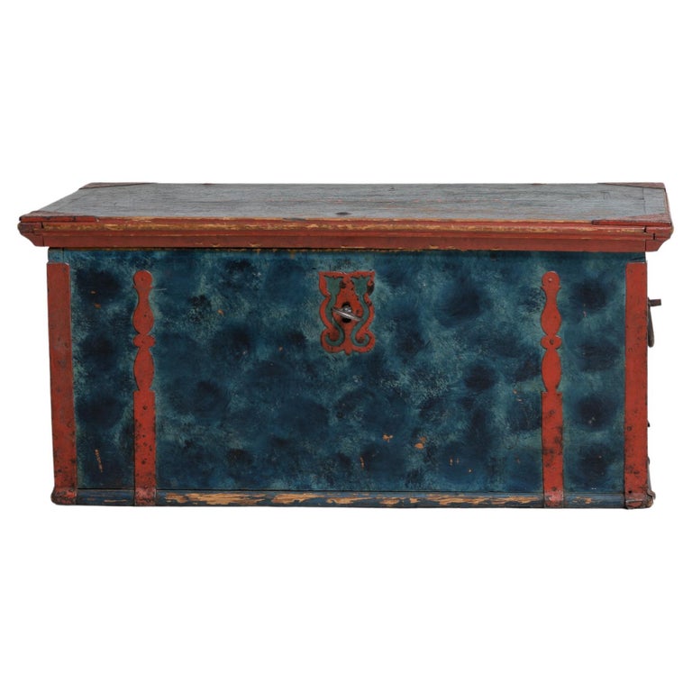 Folk Art 19th Century Swedish Blue Chest For Sale at 1stDibs