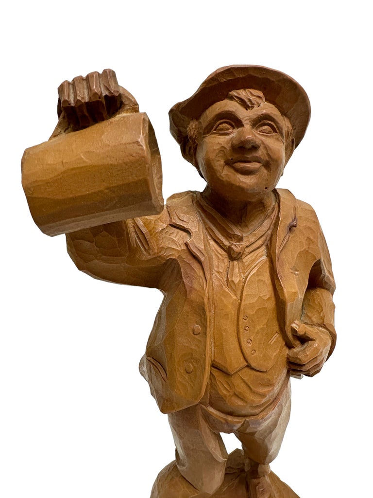 Folk Art 20th Century Carved Wood Man Holding a Beer Stein, Austria ...