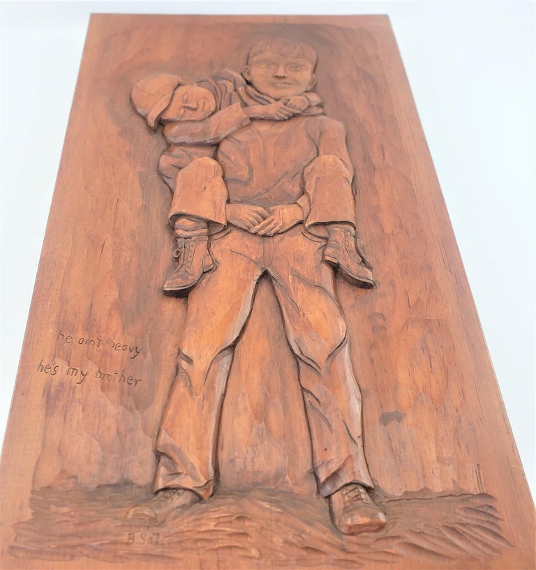 Folk Art Carved Panel of Two Brothers Titled: "He Ain't Heavy, He's My ...