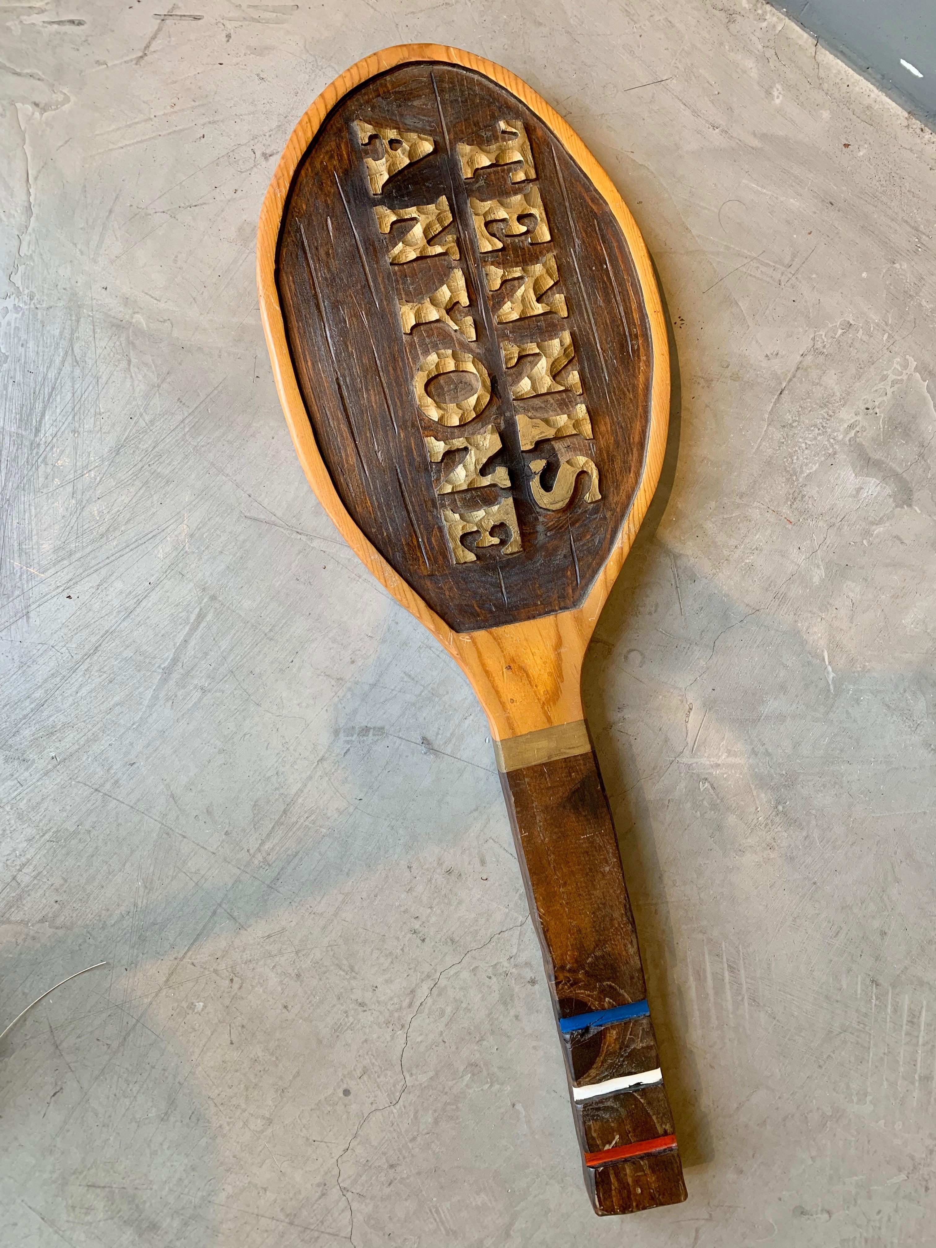 Folk Art Carved Wood 'Tennis Anyone' Racket at 1stDibs
