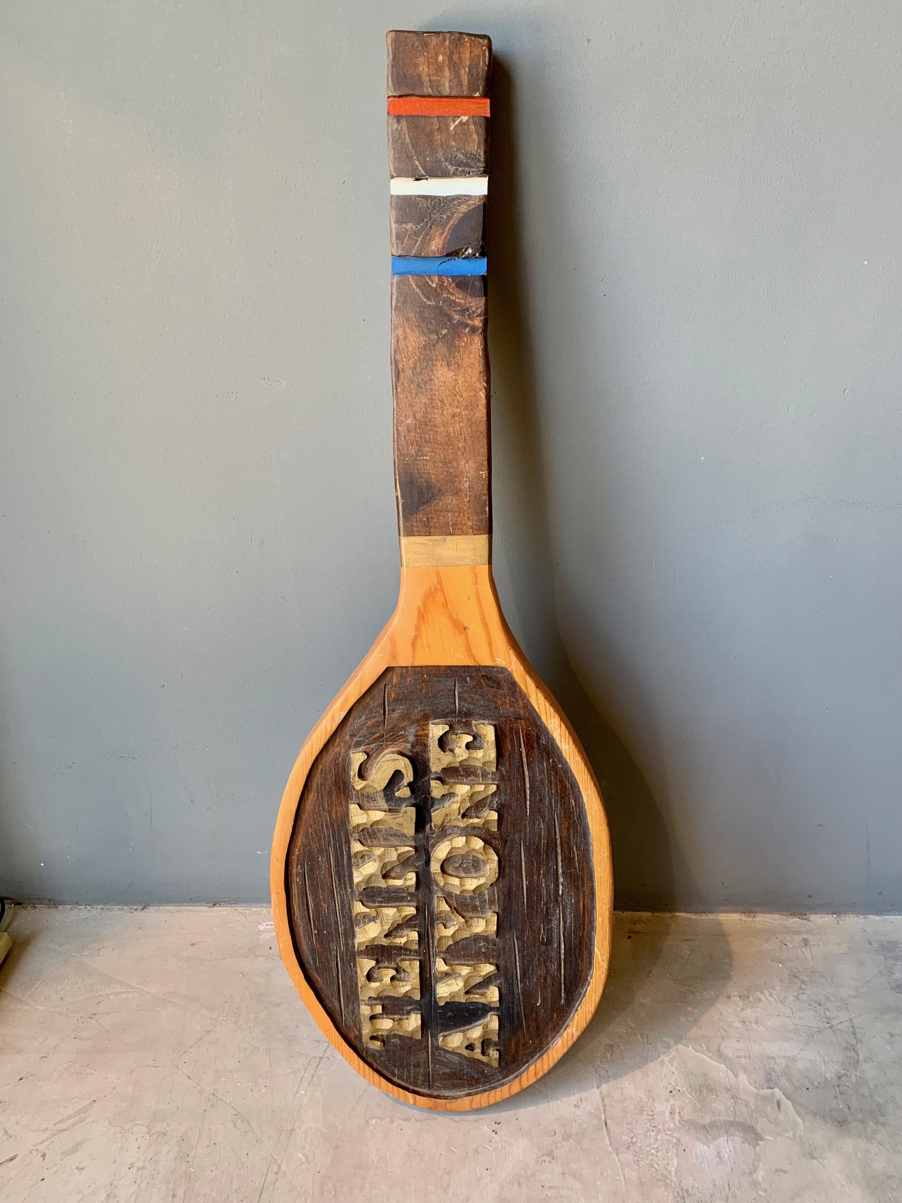 Folk Art Carved Wood 'Tennis Anyone' Racket at 1stDibs