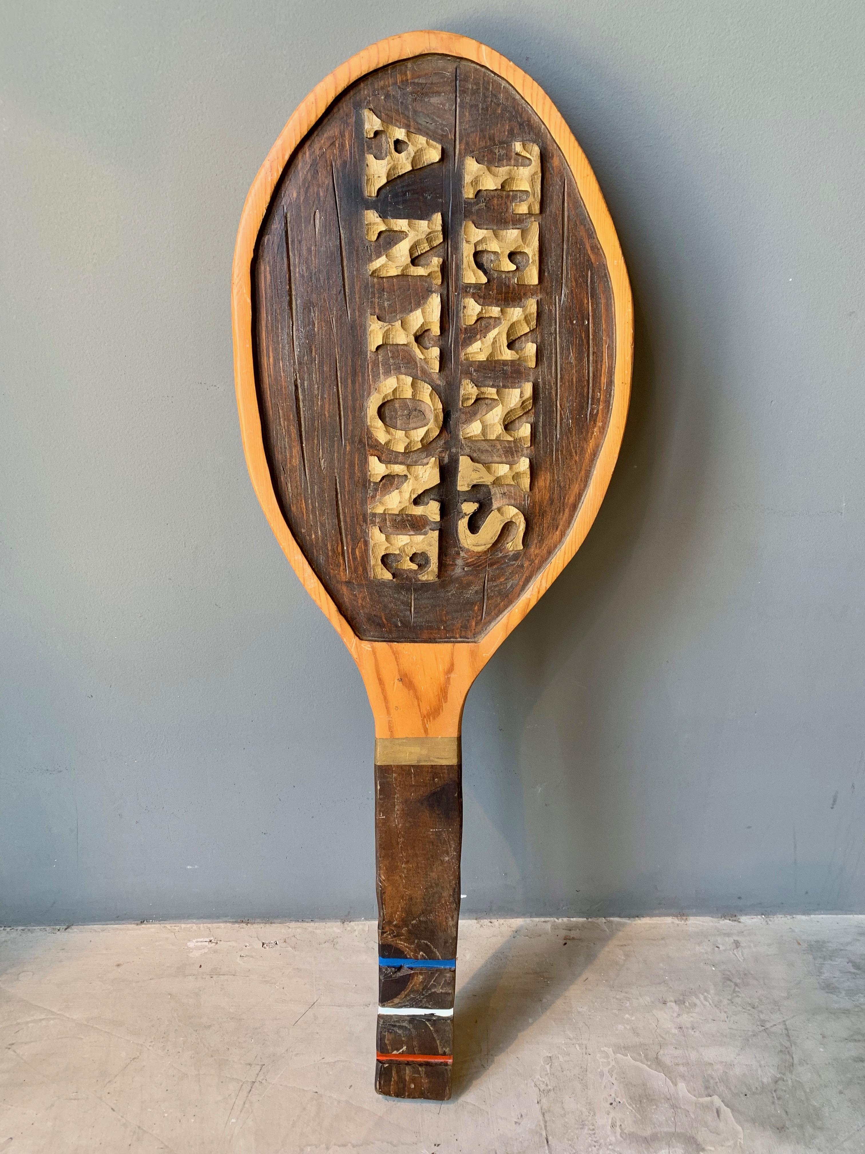 Folk Art Carved Wood 'Tennis Anyone' Racket at 1stDibs