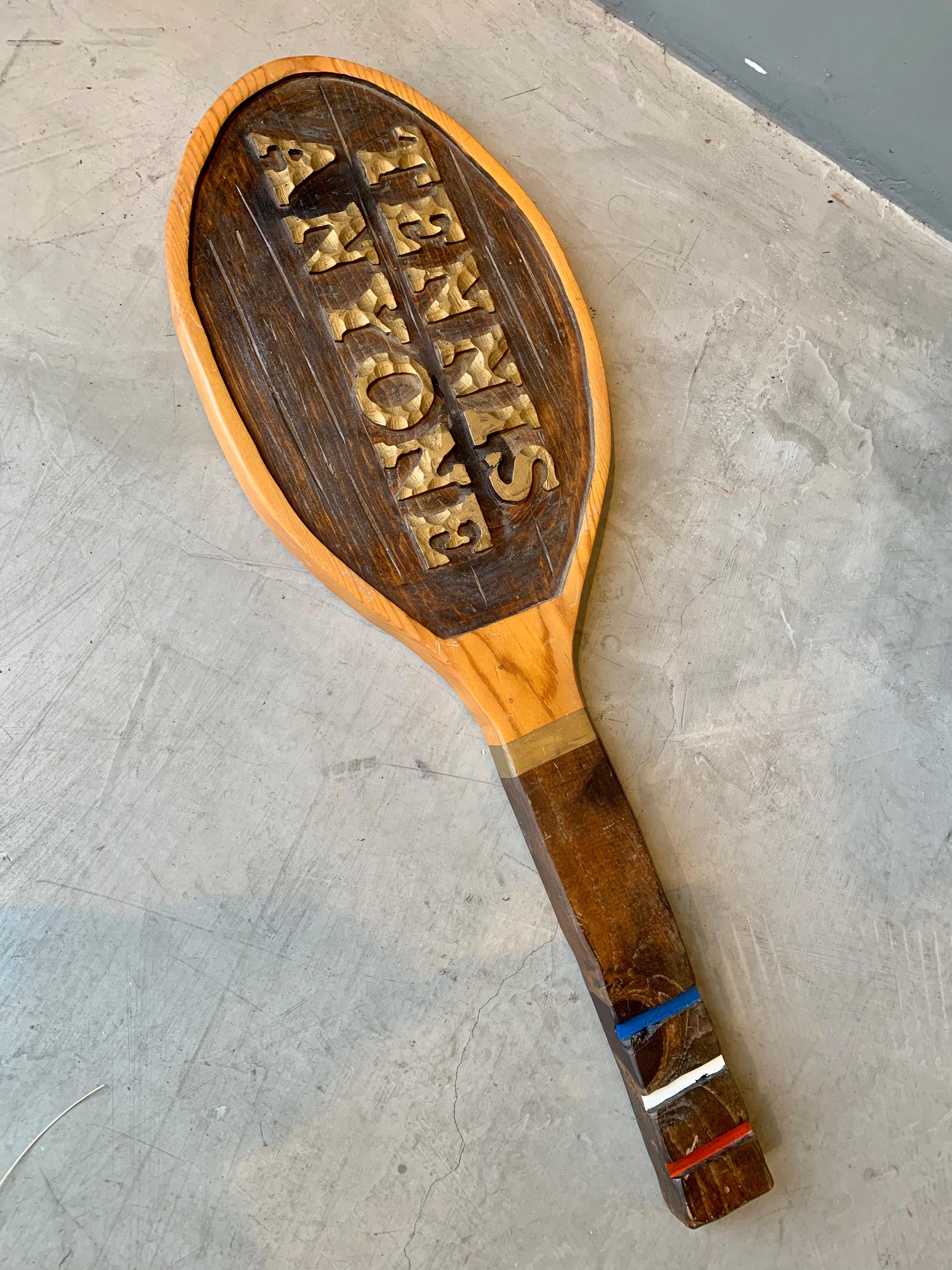 Folk Art Carved Wood 'Tennis Anyone' Racket at 1stDibs