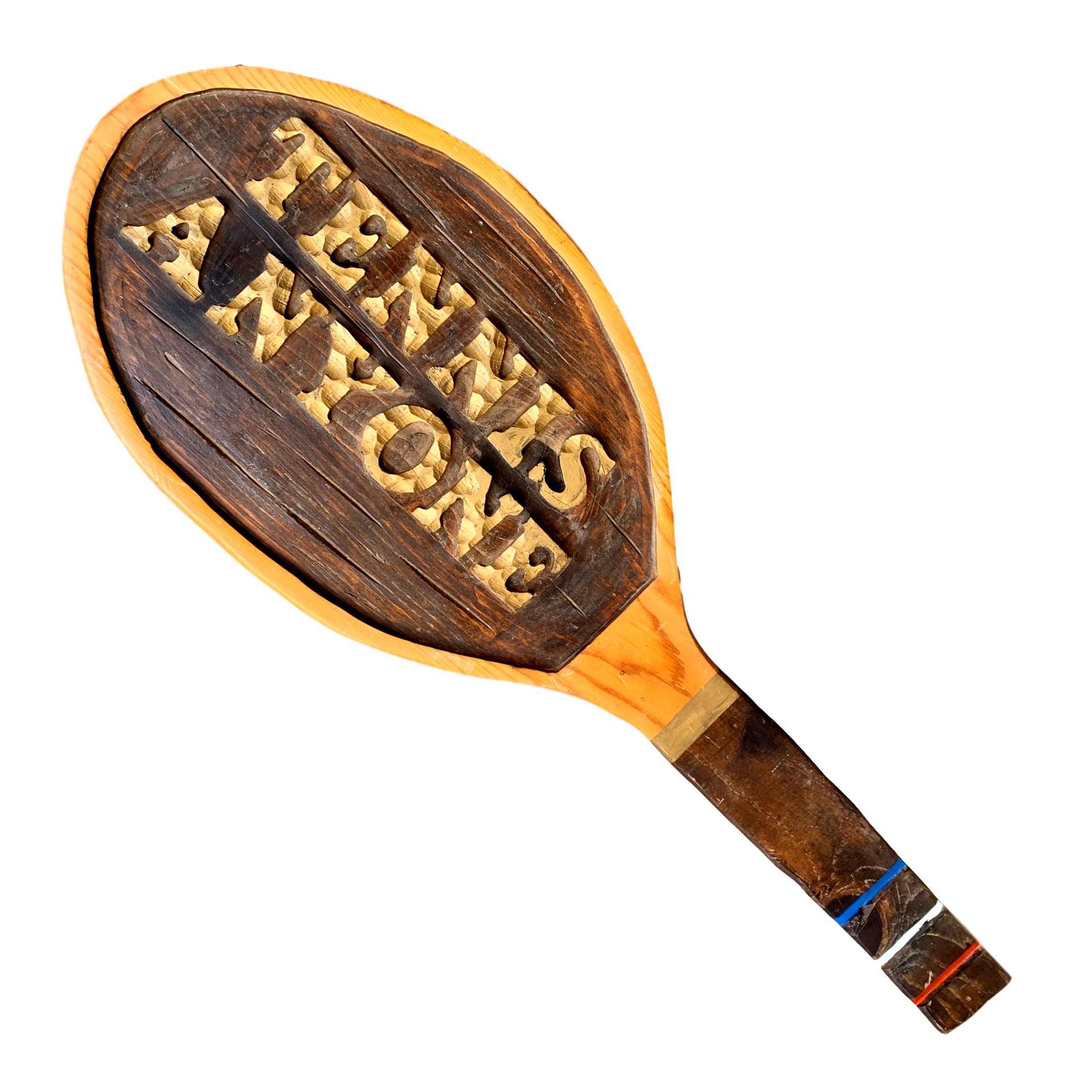 Folk Art Carved Wood 'Tennis Anyone' Racket at 1stDibs