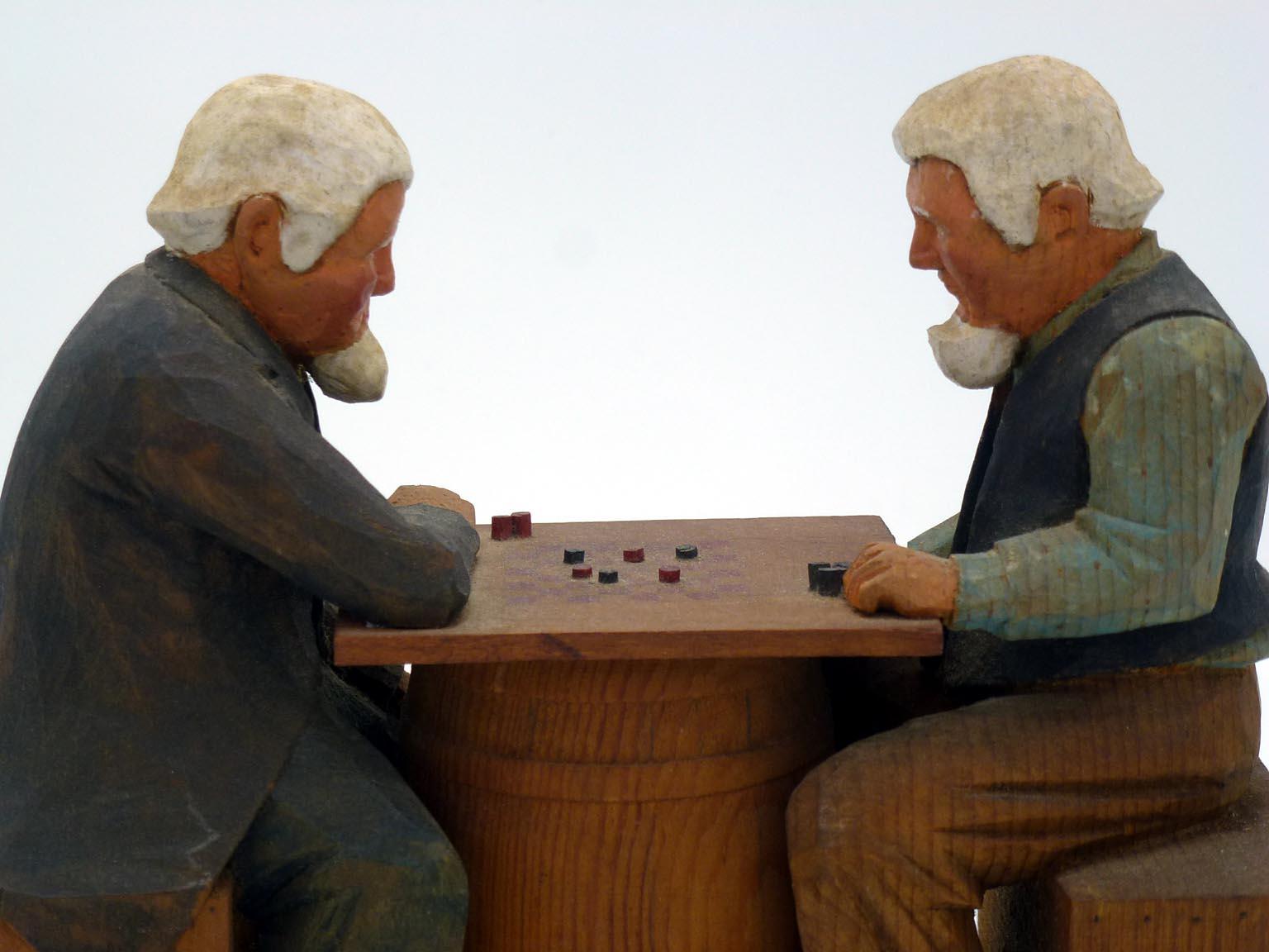 Folk Art Carving of 2 Men Playing Checkers on Top of a Barrel by Jack ...
