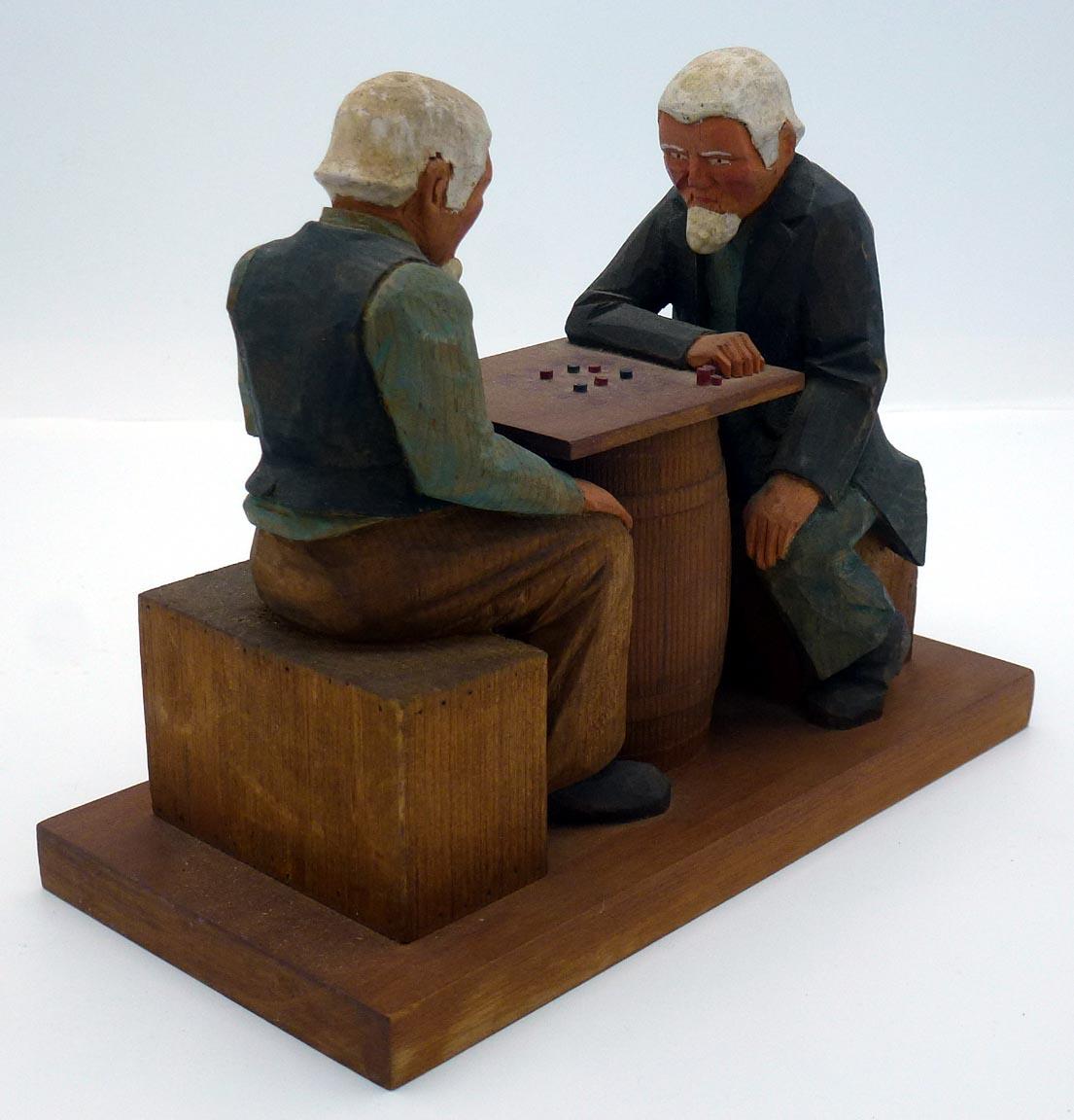 Folk Art Carving of 2 Men Playing Checkers on Top of a Barrel by Jack ...