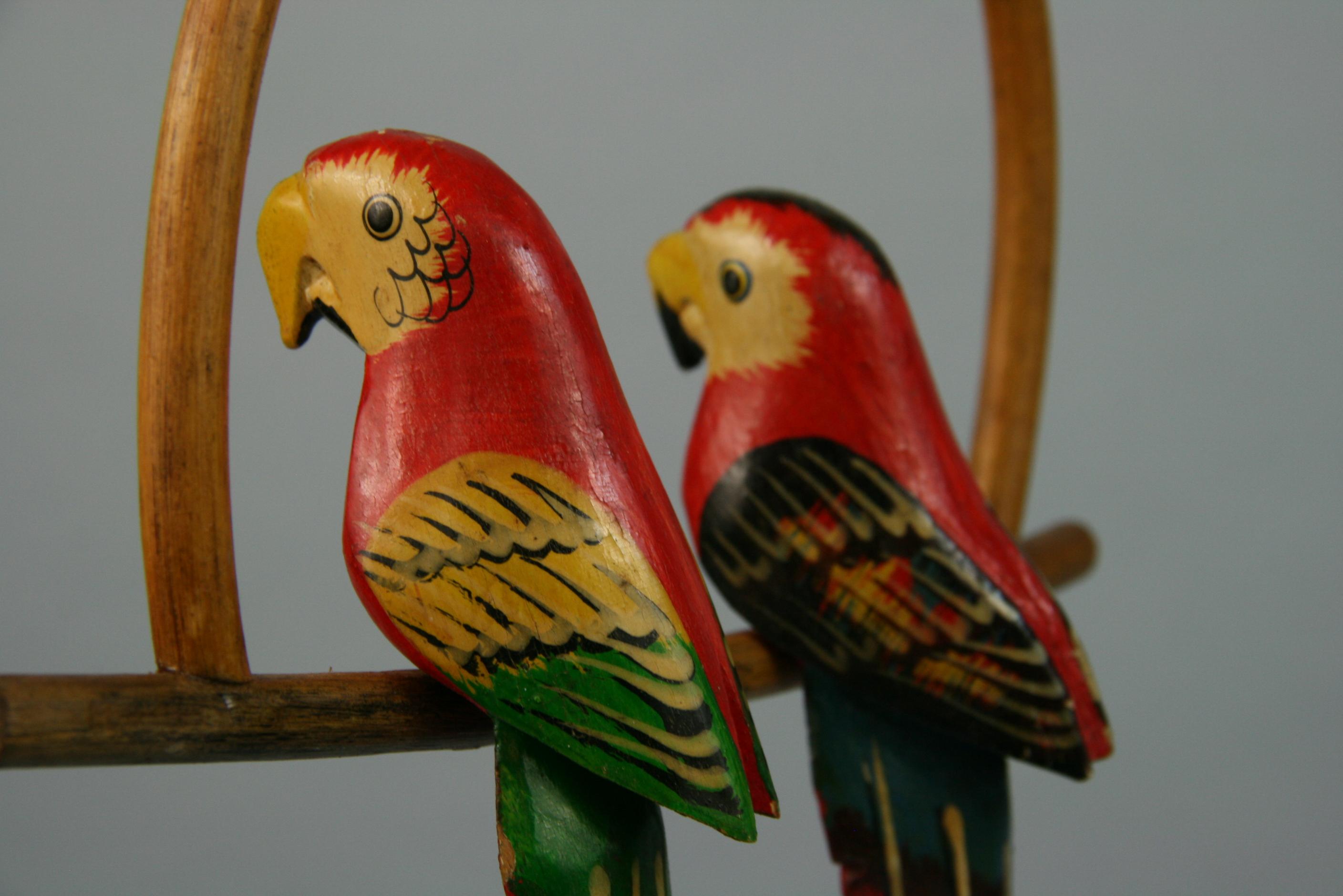 Folk Art Hand Carved and Painted Pair Red Parrots Sculptures on a Swing ...