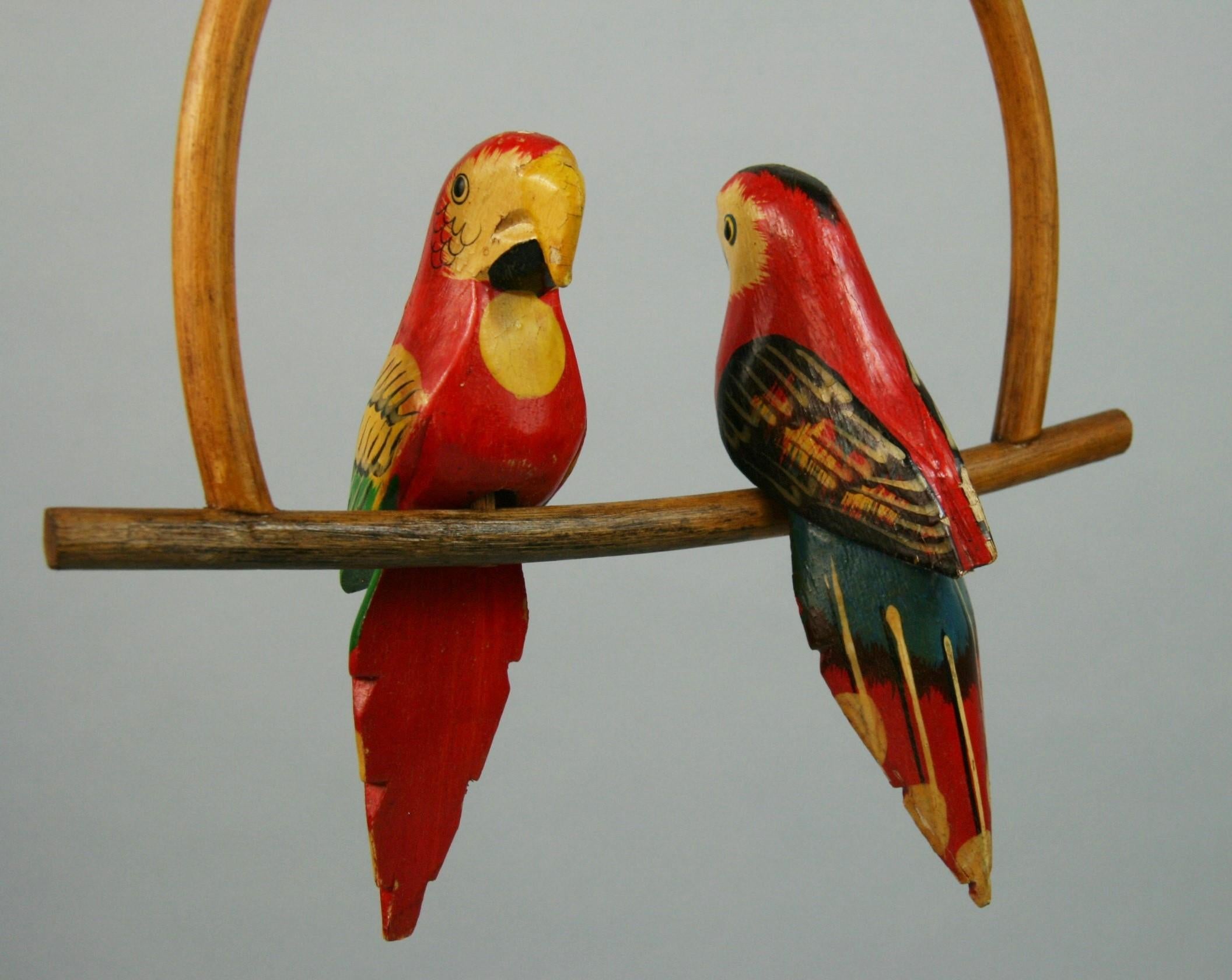 Folk Art Hand Carved and Painted Pair Red Parrots Sculptures on a Swing ...