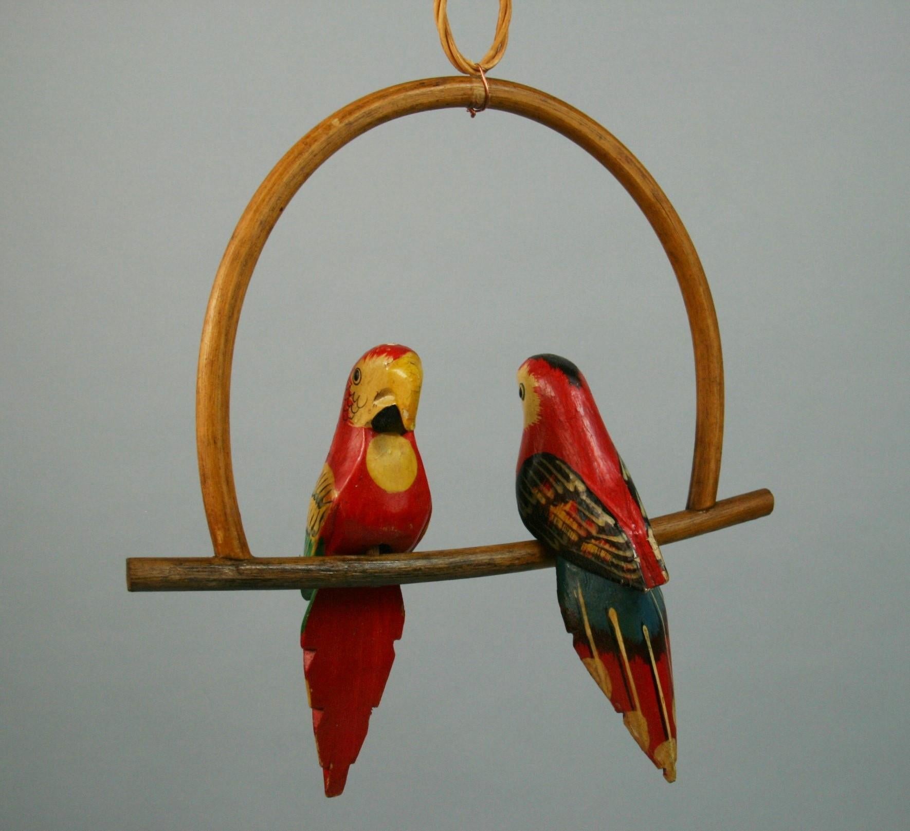 Folk Art Hand Carved and Painted Pair Red Parrots Sculptures on a Swing ...