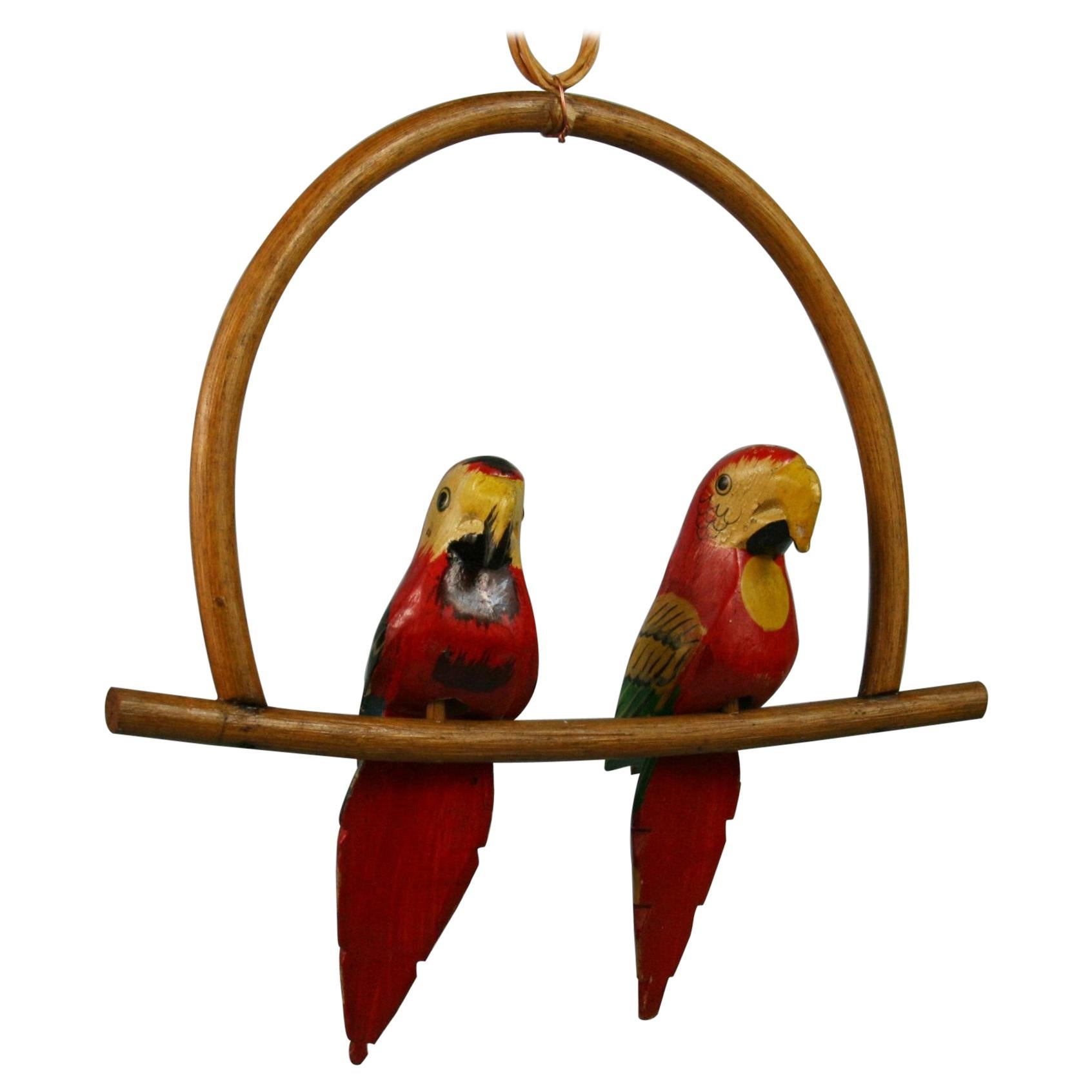 Folk Art Hand Carved and Painted Pair Red Parrots Sculptures on a Swing ...