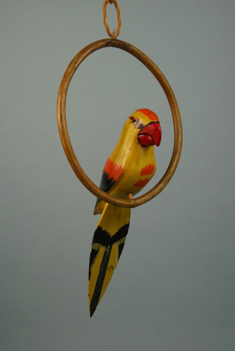 Folk Art Hand Carved and Painted Yellow Parrot Sculpture On a Swing For ...