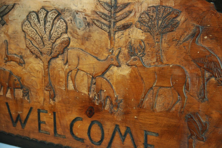 Folk Art Hand Carved Forest Animals Welcome Plaque For Sale at 1stDibs