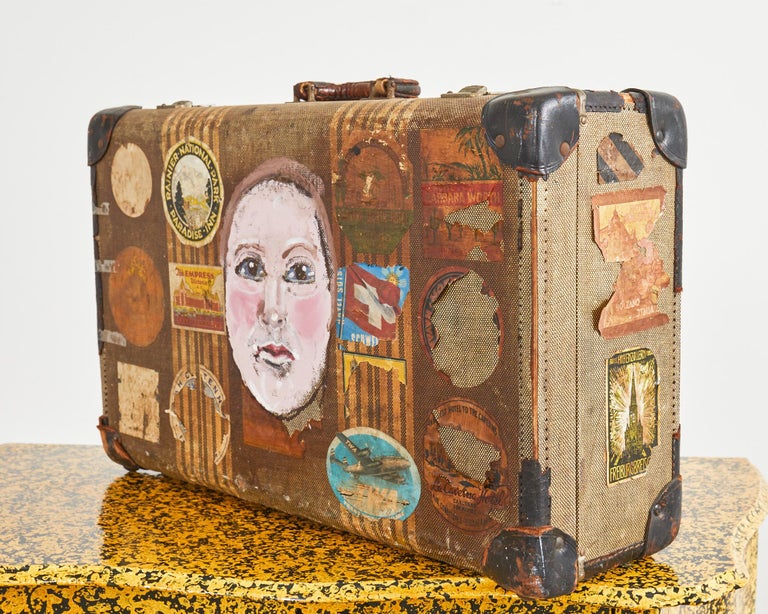 Folk Art Painted Face Suitcase by Artist Ira Yeager For Sale at 1stDibs