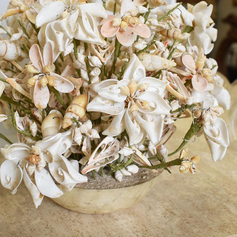 Folk Art Seashell Flower Motif Bouquet in a Stone Vessel at 1stDibs