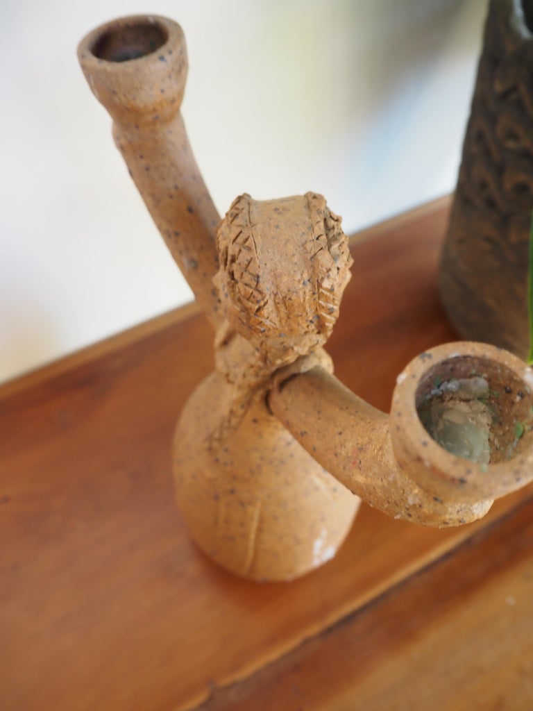 Folk Art Stoneware Candlestick, Woman with Two Faces For Sale at 1stDibs