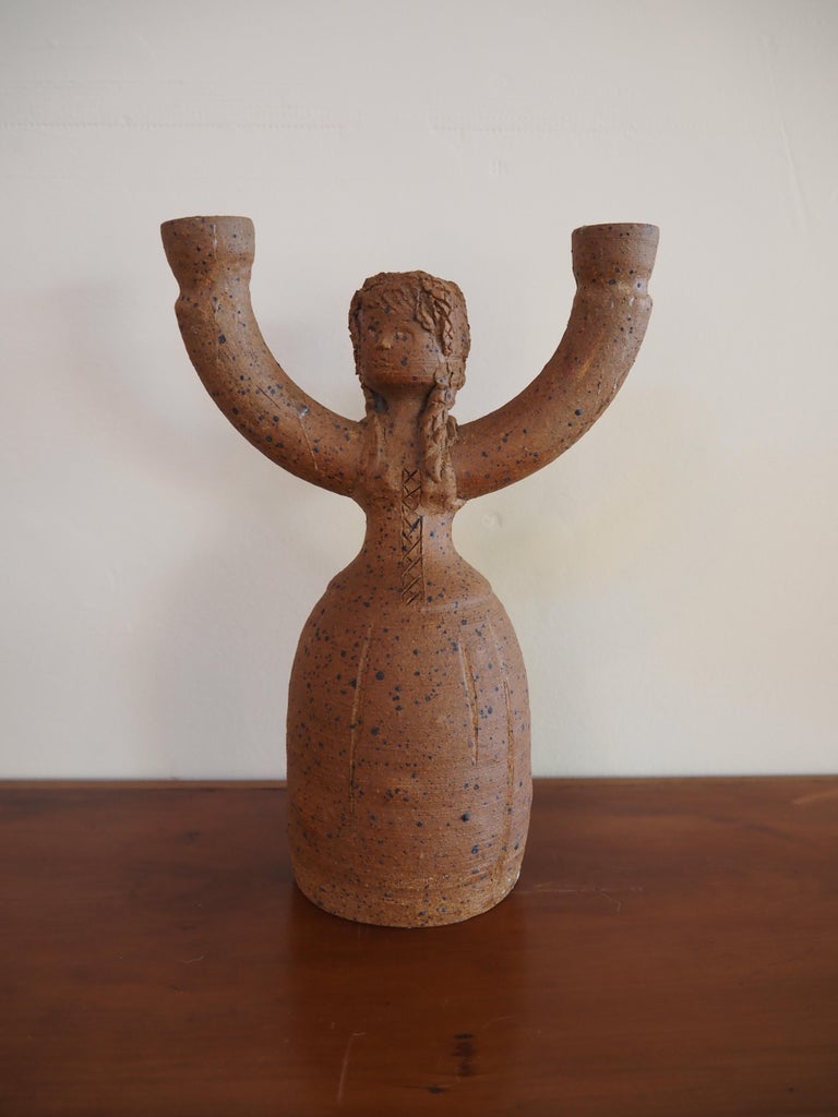 Folk Art Stoneware Candlestick, Woman with Two Faces For Sale at 1stDibs