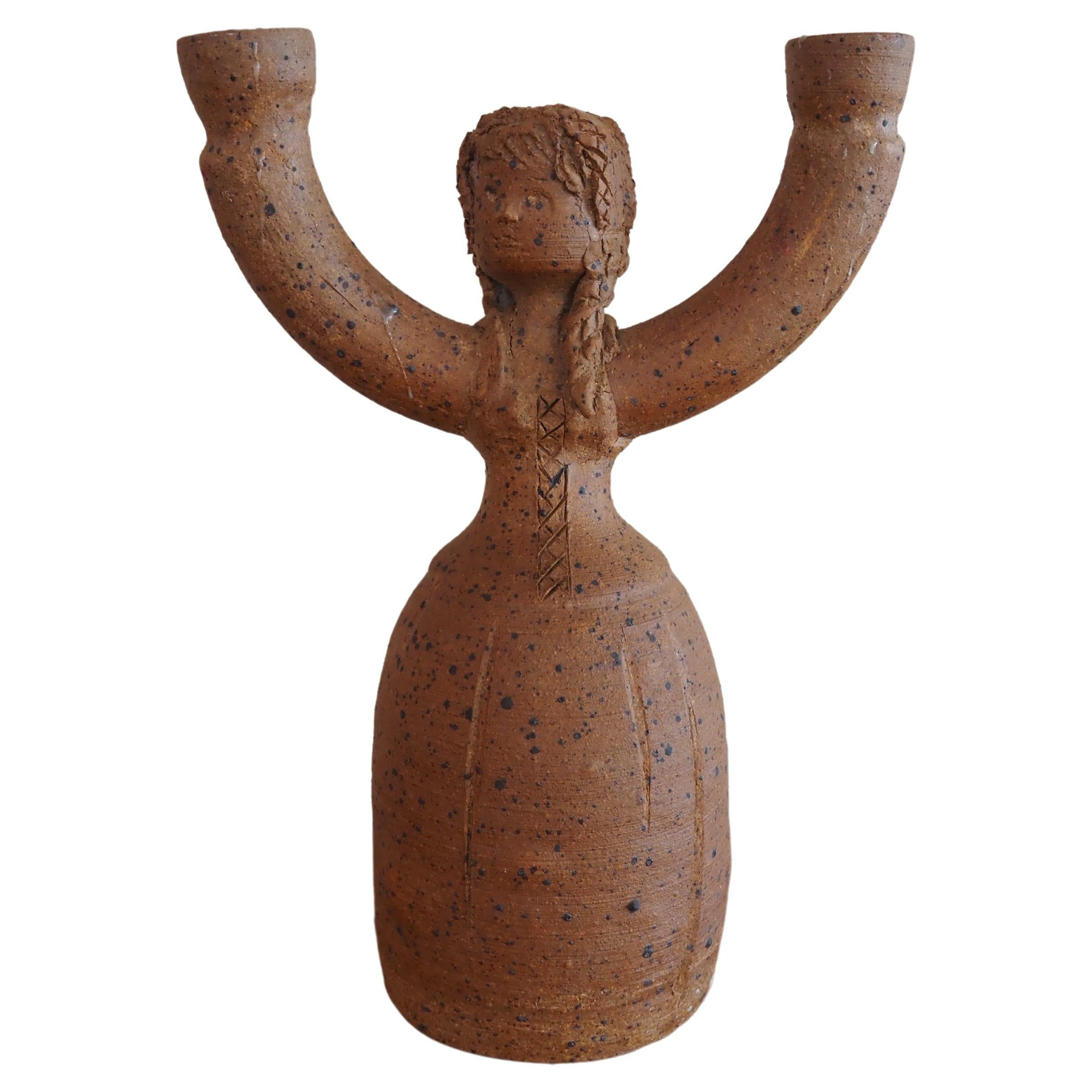 Folk Art Stoneware Candlestick, Woman with Two Faces For Sale at 1stDibs