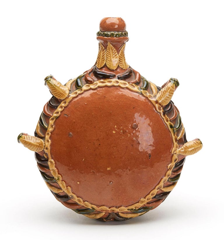 Folkart Redware Slip Decorated Pilgrim Spirit Flask For Sale at 1stDibs