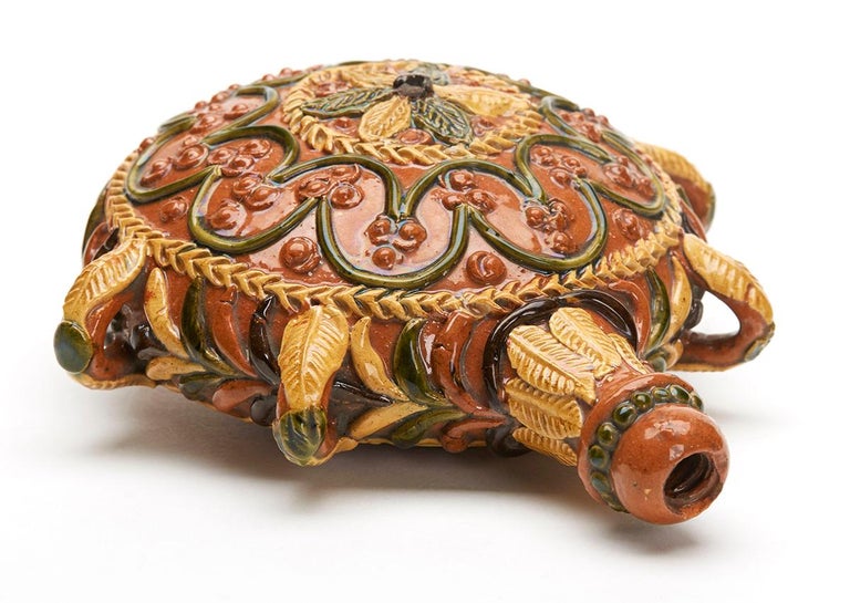 Folkart Redware Slip Decorated Pilgrim Spirit Flask For Sale at 1stDibs