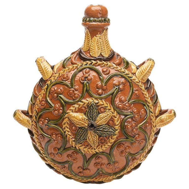 Folkart Redware Slip Decorated Pilgrim Spirit Flask For Sale at 1stDibs