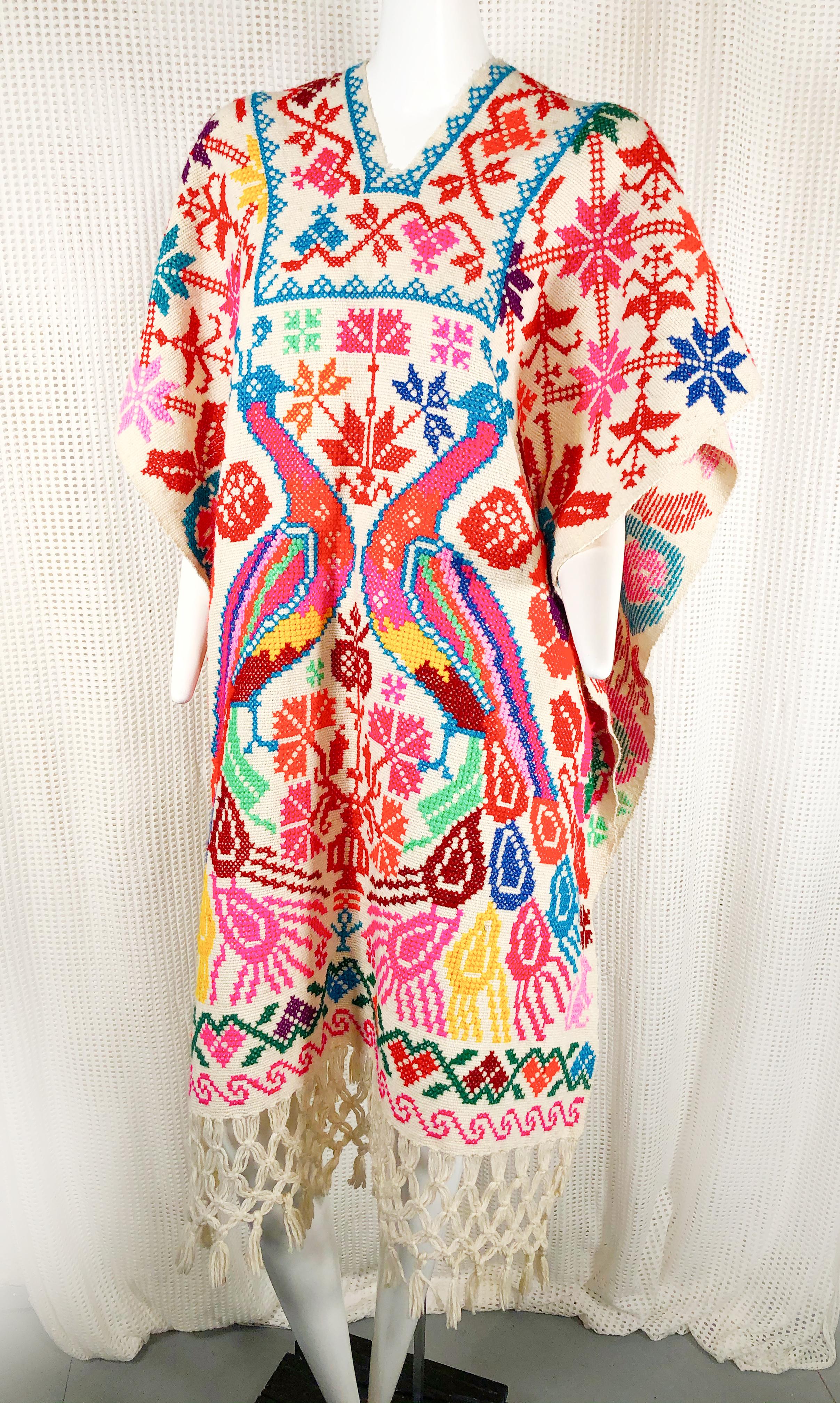 Folkloric Fluorescent Embroidered Poncho with Peacock Motif, 1970s at ...