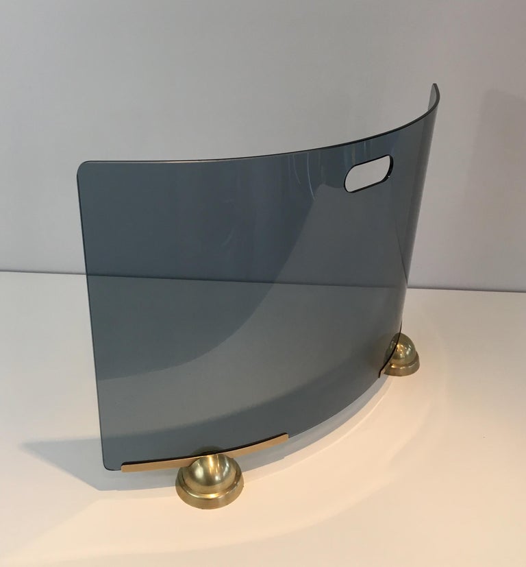 Fontana Arte, Modernist Curved Blue Glass and Brass Fire Place Screen ...