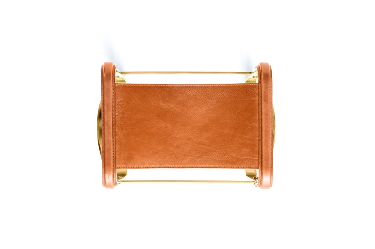 Footstool Aged Brass Steel and Natural Leather, Contemporary Style For ...