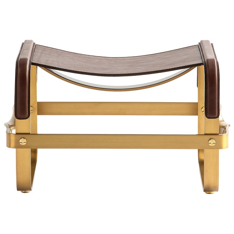 Footstool Aged Brass Steel and Brown Leather, Contemporary Style For ...