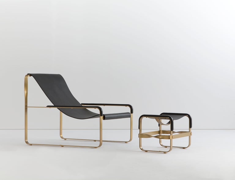 Footstool Aged Brass Steel and Natural Leather, Contemporary Style For ...