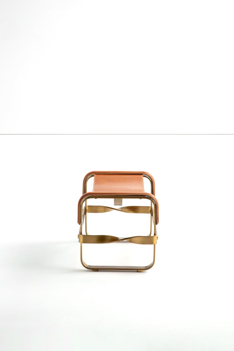 Set of 2 Footstool Aged Brass Steel and Natural Leather, Contemporary ...