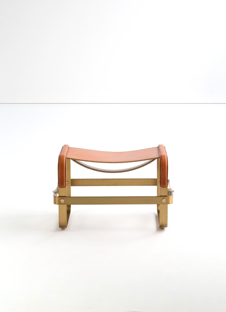 Set of 2 Footstool Aged Brass Steel and Natural Leather, Contemporary ...