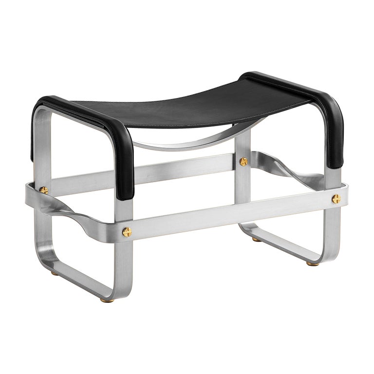 Footstool Old Silver Steel and Black Saddle Leather, Contemporary Style ...