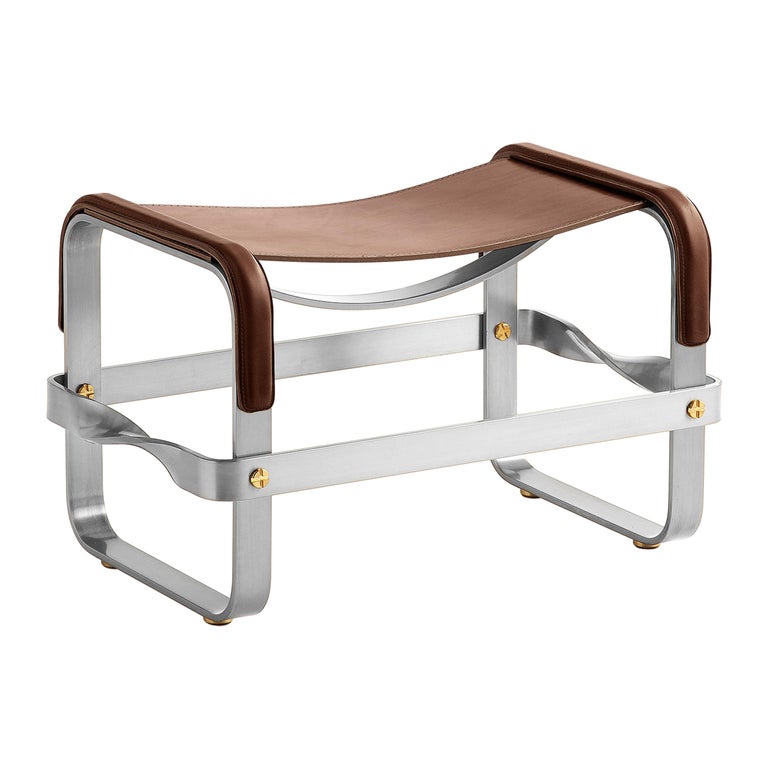 Footstool Old Silver Steel and Dark Brown Saddle Leather, Contemporary ...