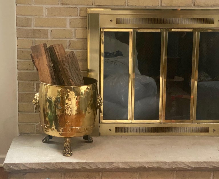 Forged British Fire Log Holder / Bucket with Lion Door Knocker Style ...