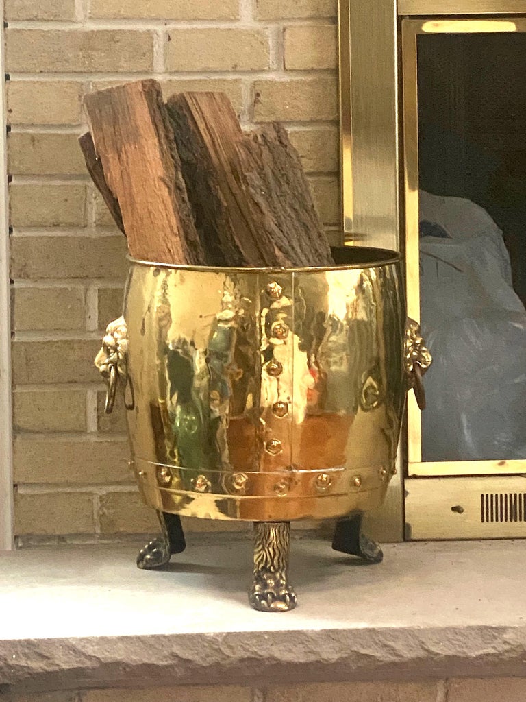 Forged British Fire Log Holder / Bucket with Lion Door Knocker Style ...