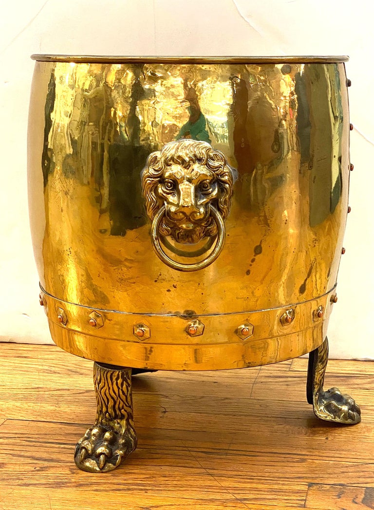 Forged British Fire Log Holder / Bucket with Lion Door Knocker Style ...