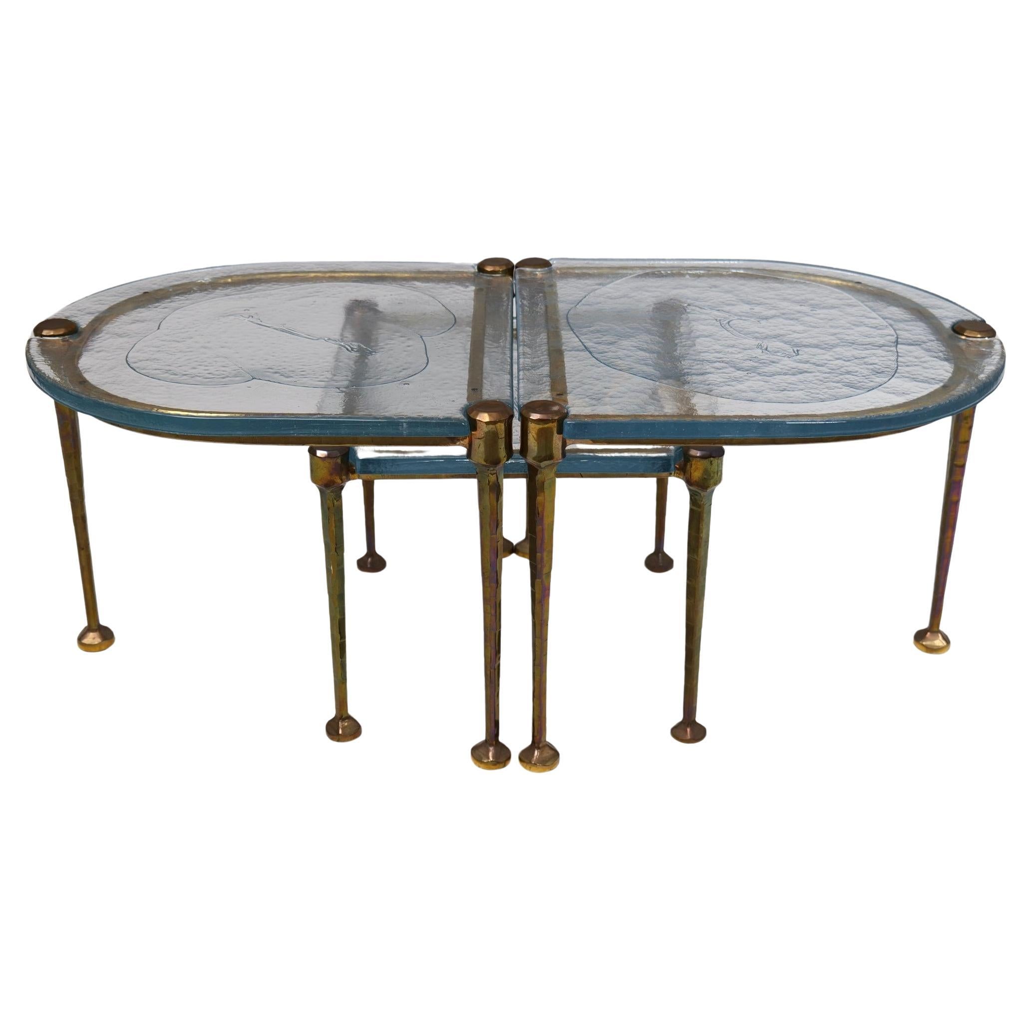 forged bronze tables with blue cast glass - 1980s brutalist For Sale at ...