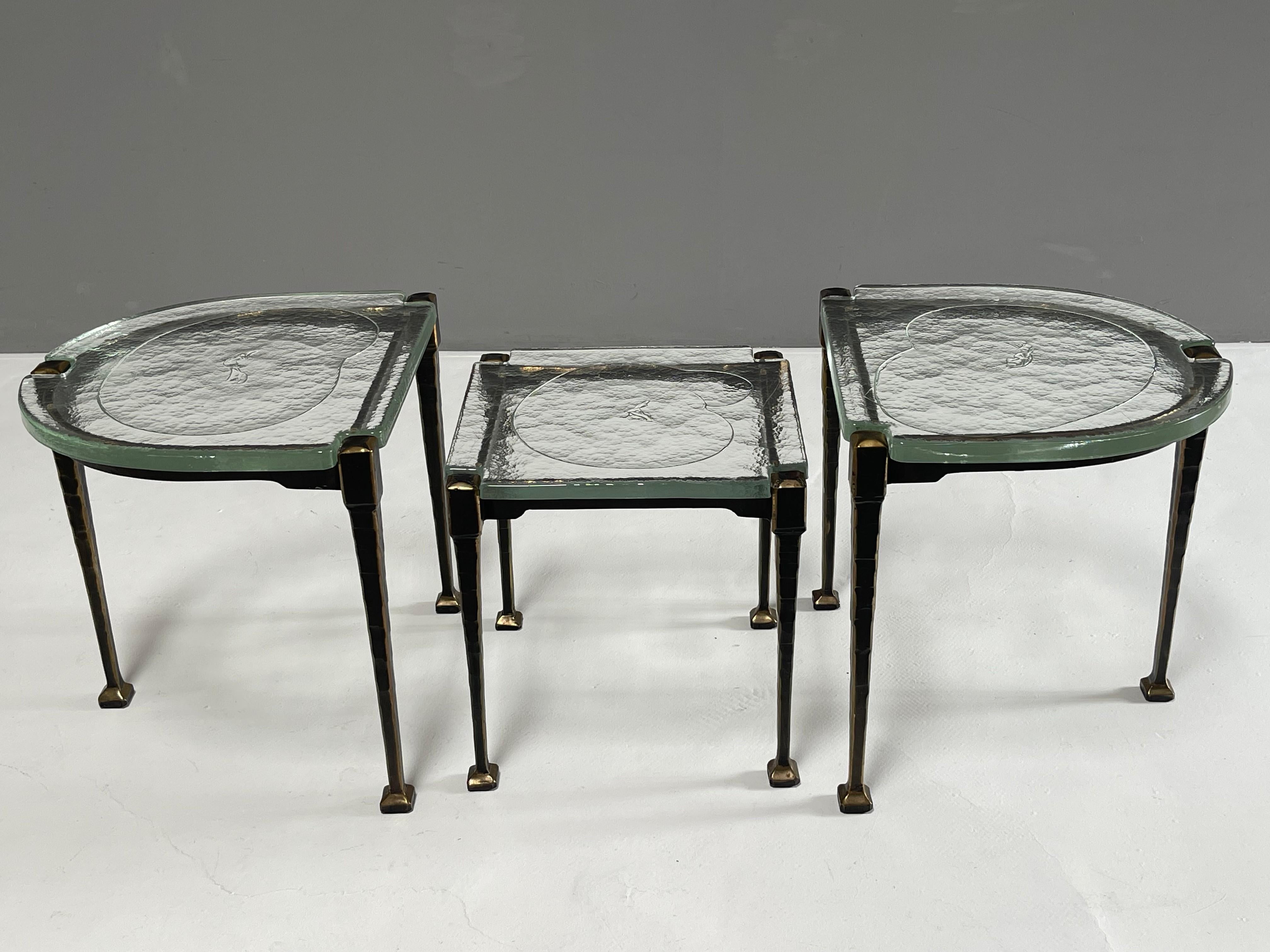 forged bronze tables with green cast glass - 1980s brutalist style ...