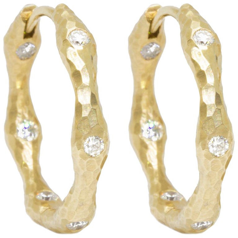 Forged Diamond Gold 14 Karat Hoop Earrings For Sale at 1stDibs