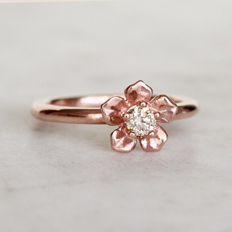 Customizable Forget Me Not Ring/ 9ct Rose Gold, Champagne Diamond For ...
