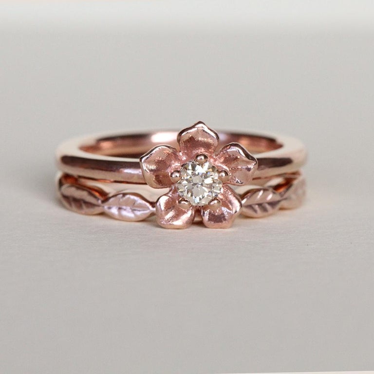 Customizable Forget Me Not Ring/ 9ct Rose Gold, Champagne Diamond For ...