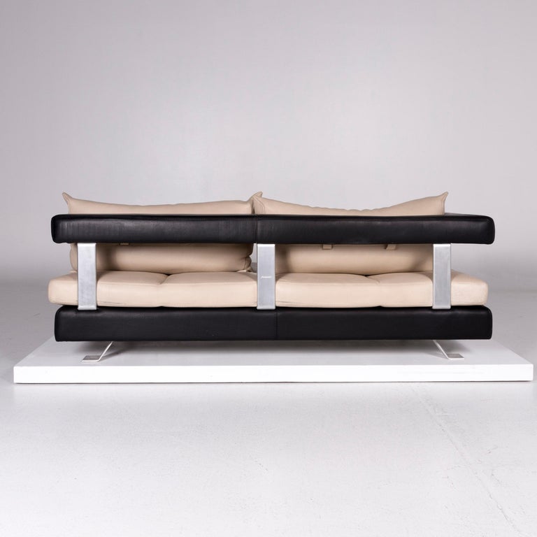 Formenti Leather Sofa Cream Dark Brown Three-Seat Couch For Sale at 1stDibs