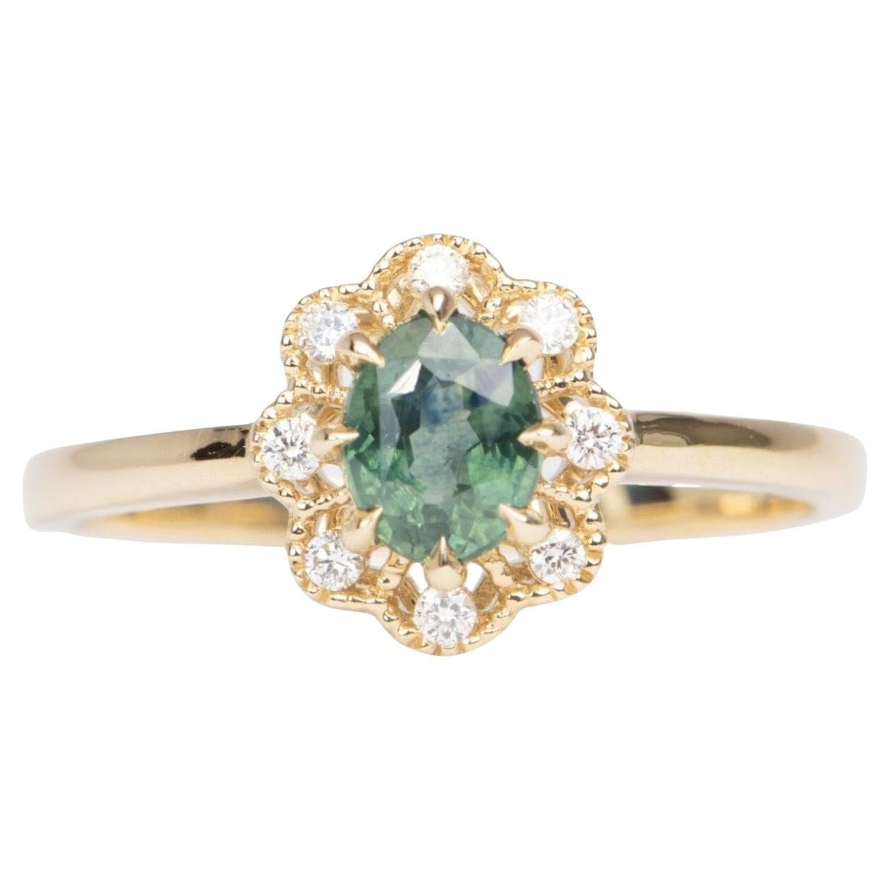Forrest Green Montana Sapphire with Diamond Halo 14k Gold Engagement ...