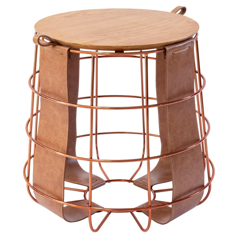 Forseti Chest Side Table in Carbon Steel Wood Veneer and Leather Strips ...