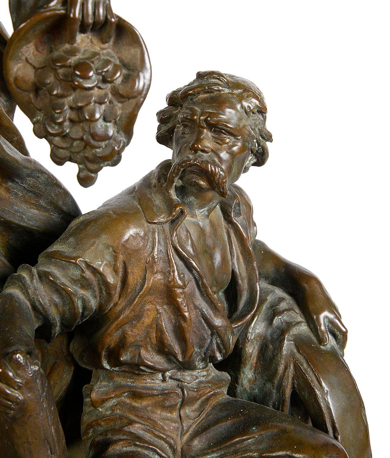 Fortuna Bestowing Gifts to Two Workers by J.Benk bronze group, 1900 For ...